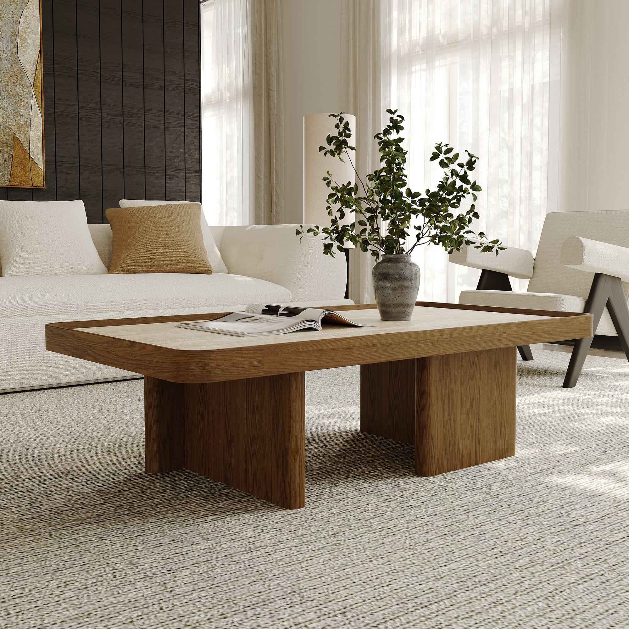 Corrigan Studio® 51.18" Mid Century Retangular Coffee Table, Beige Sintered Stone Table top ...